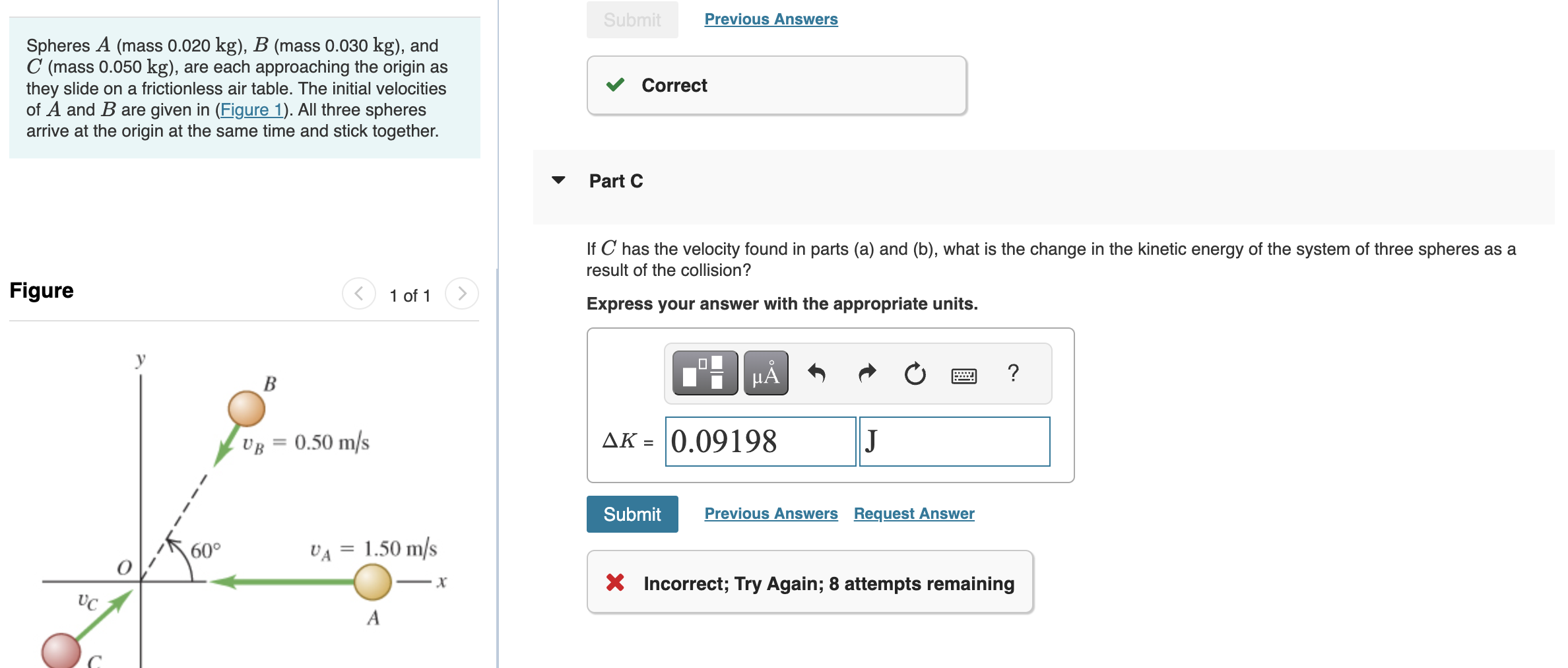 Spheres A (mass 0.020 kg ), B (mass 0.030 kg ), and C | Chegg.com