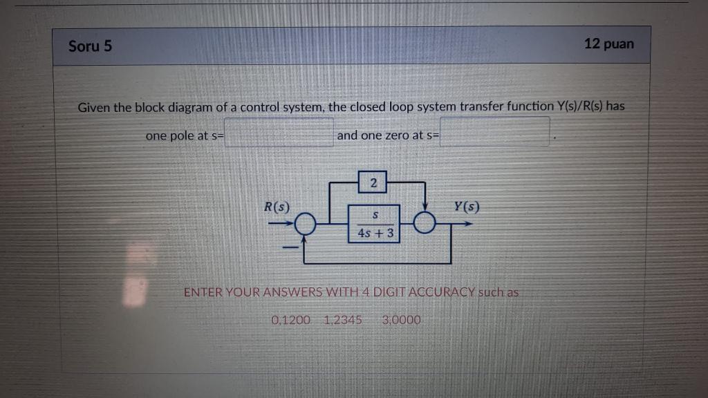 Solved Given the block diagram of a control system, the | Chegg.com