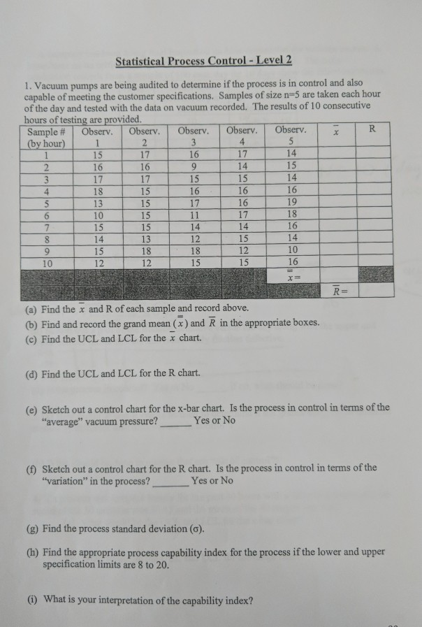 Solved Statistical Process Control - Level 2 1. Vacuum pumps | Chegg.com