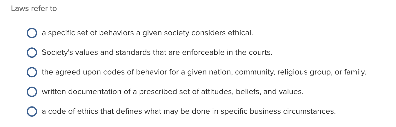 Solved Ethics refers to the O religious tenets of a country | Chegg.com