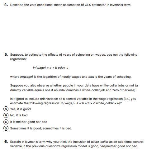 Solved 4. Describe the zero conditional mean assumption of | Chegg.com