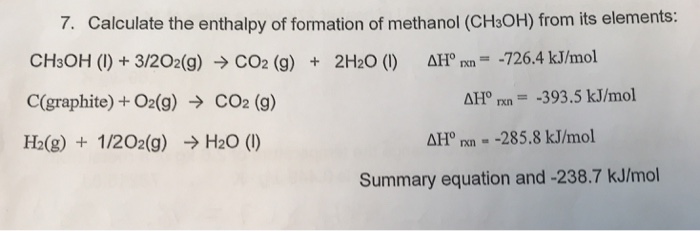 Solved 7. Calculate the enthalpy of formation of methanol | Chegg.com