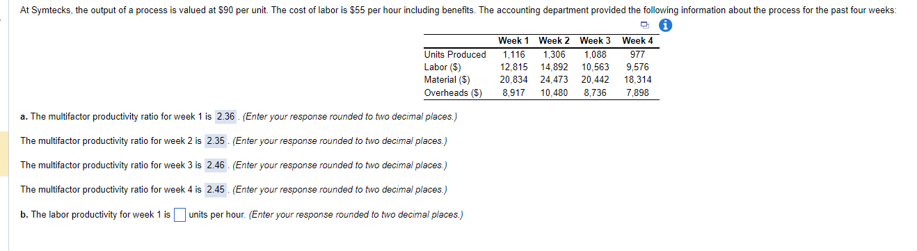Solved a. The multifactor productivity ratio for week 1 is | Chegg.com