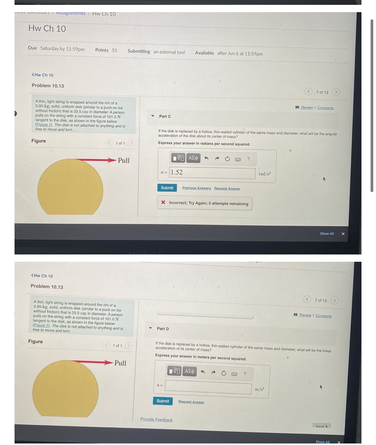 A thin, light string is wrapped around the rim of a | Chegg.com
