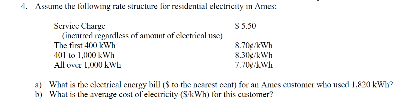 Solved 4. Assume the following rate structure for | Chegg.com