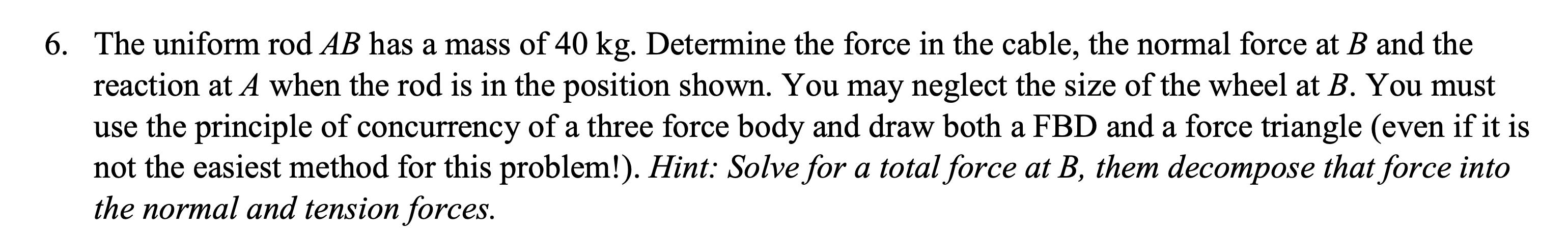 Solved 6. The uniform rod AB has a mass of 40 kg. Determine | Chegg.com