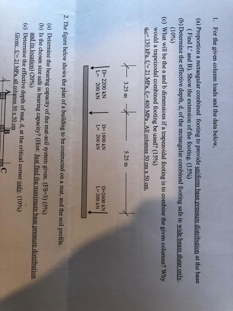 Solved 1. For the given column loads and the data below, (a) | Chegg.com