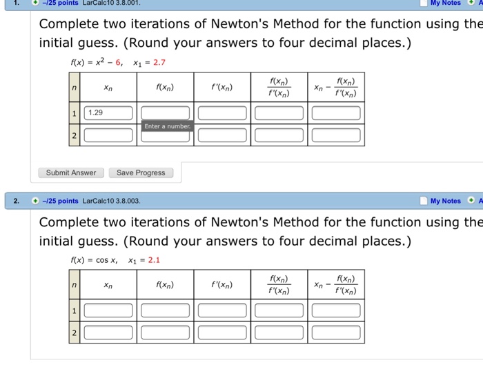 Solved Complete two iterations of Newton's Method for the | Chegg.com