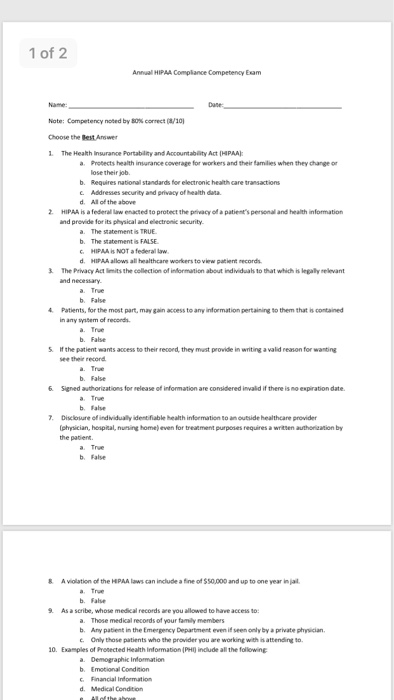 Solved 1 of 2 Annual HIPAA Compliance Competency Eam Name | Chegg.com