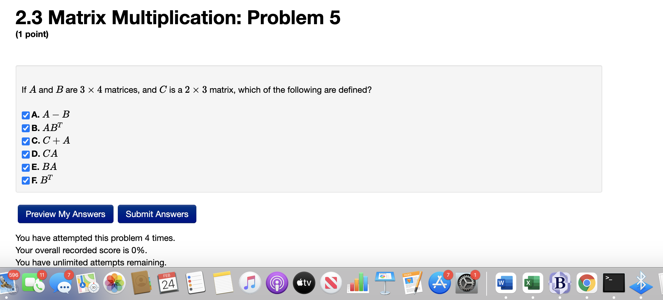 Solved 2.3 Matrix Multiplication: Problem 5 (1 point) If A | Chegg.com