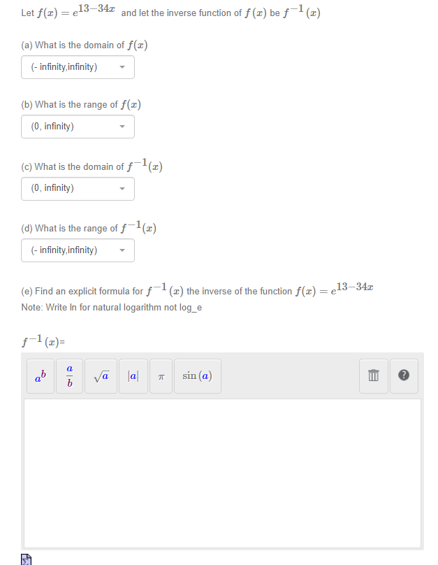Solved Let f(x)=e13−34x and let the inverse function of f(x) | Chegg.com