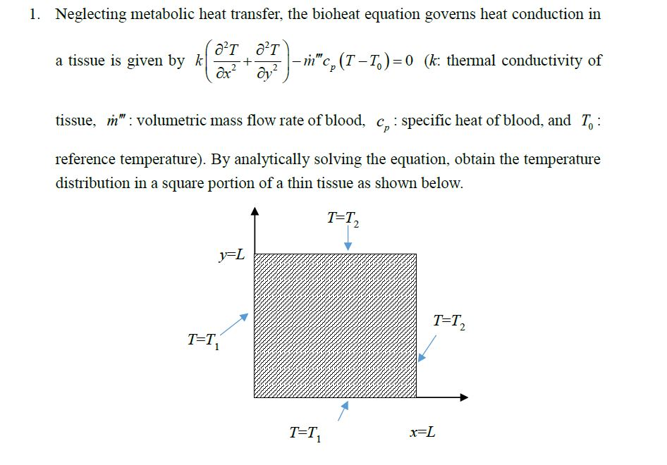1. Neglecting metabolic heat transfer, the bioheat | Chegg.com
