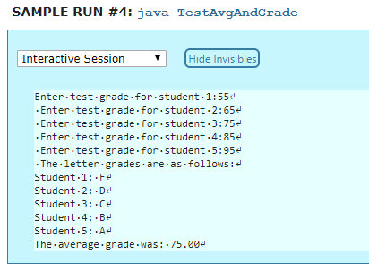 Solved SAMPLE RUN #4: java TestAvgAndGrade Interactive | Chegg.com