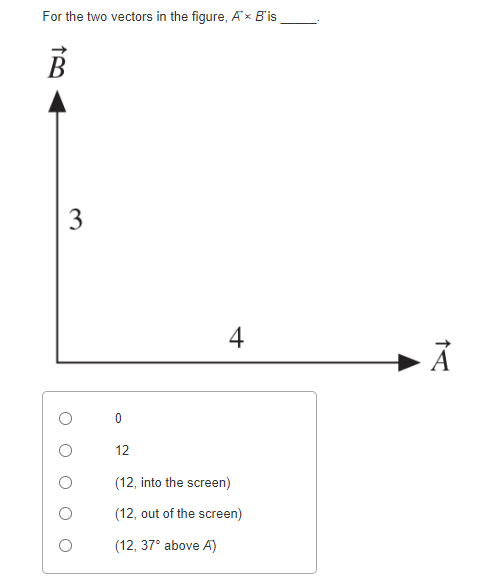 Solved For the two vectors in the figure, A×B is | Chegg.com