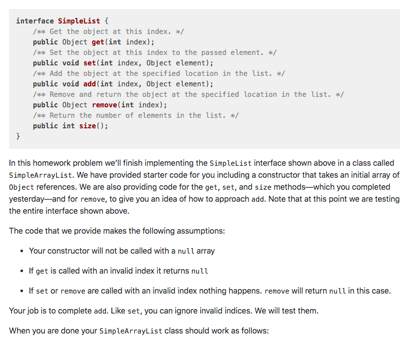 Solved interface SimpleList { /** Get the object at this | Chegg.com