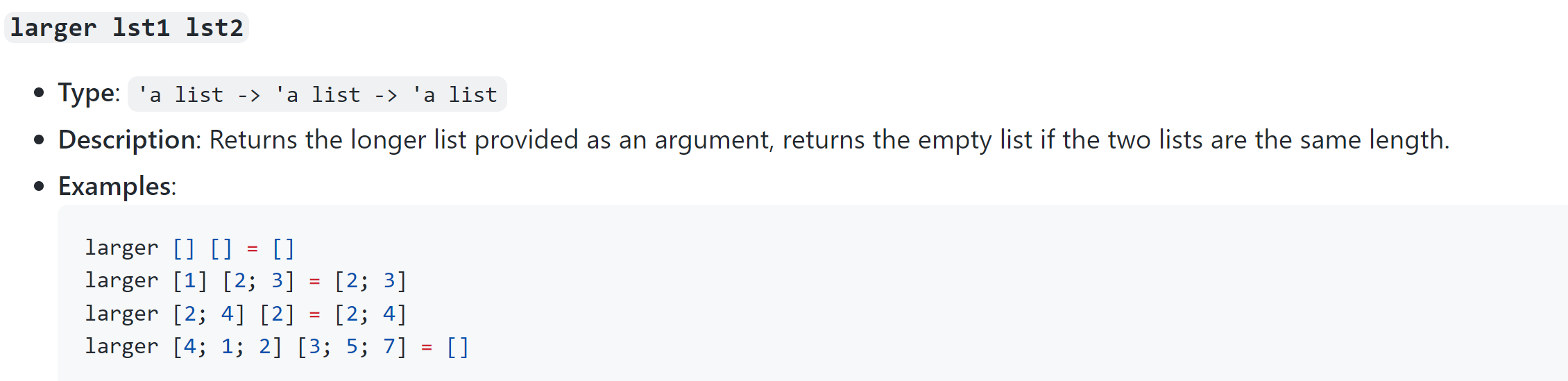 Solved larger lsti Ist2 • Type: 'a list -> 'a list -> 'a | Chegg.com