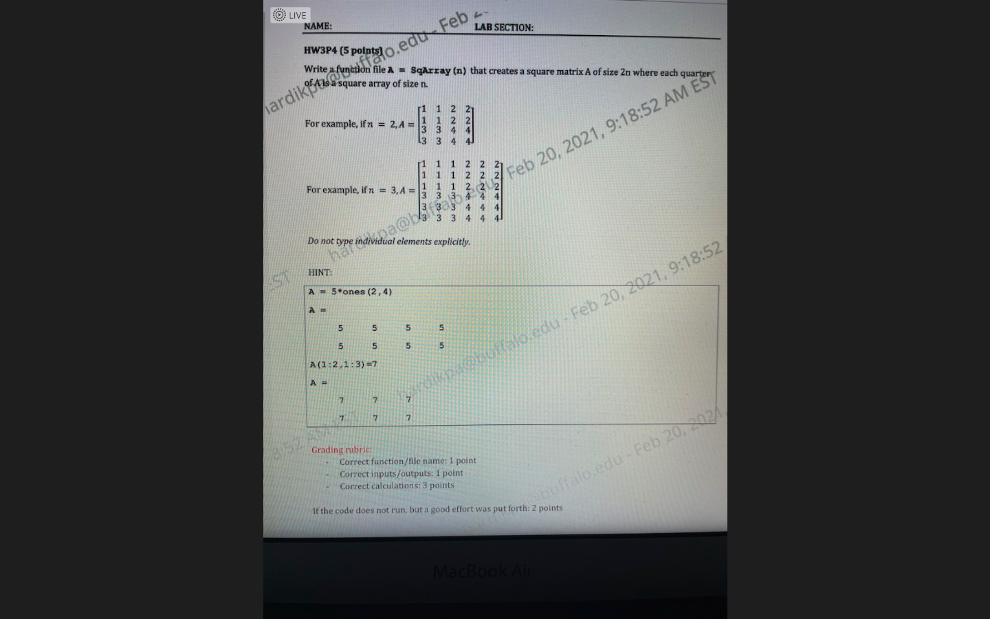 Solved O LIVE NAME: LAB SECTION: HW3P4 (5 Write a function | Chegg.com