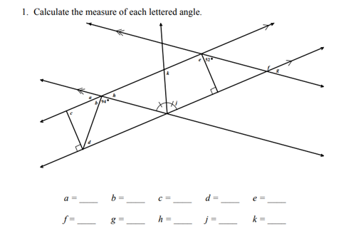 Solved 1. Calculate the measure of each lettered angle. | Chegg.com