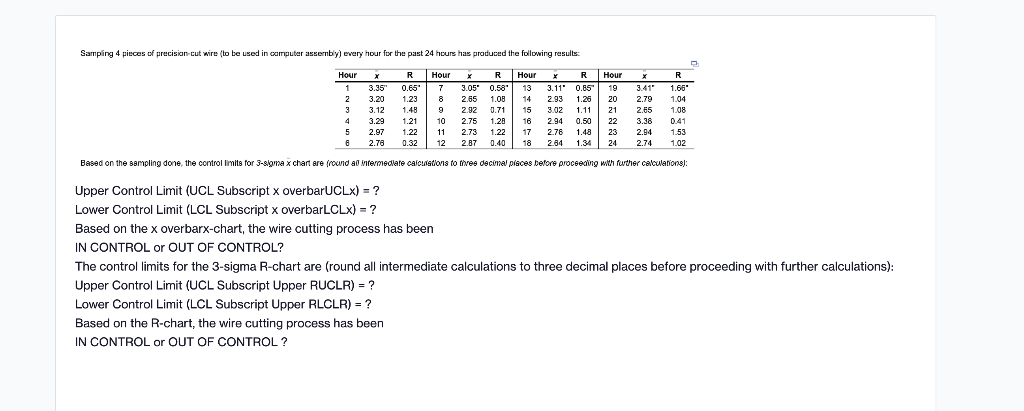 Solved Upper Control Limit (UCL Subscript x overbarUCL x)= ? | Chegg.com Solved Upper Control Limit (UCL Subscript x overbarUCL x)= ? | Chegg.com