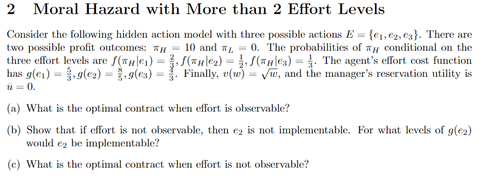 2 Moral Hazard with More than 2 Effort Levels | Chegg.com