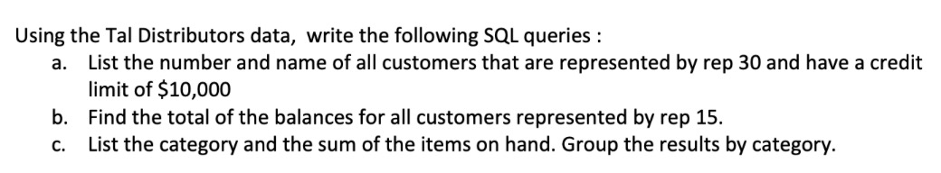 Using the Tal Distributors data, write the following | Chegg.com