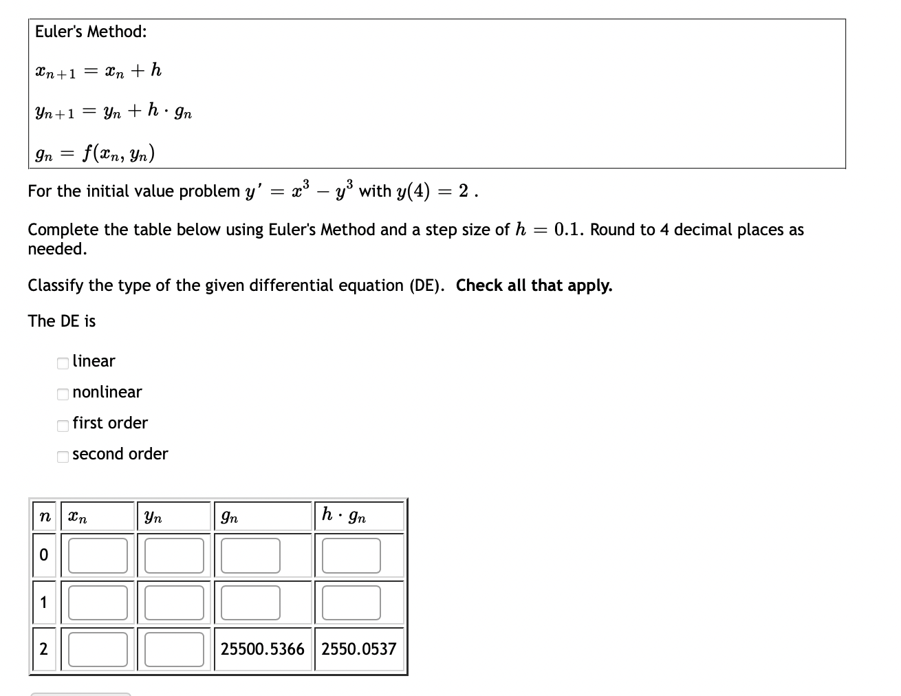 Solved Euler's Method: xn+1=xn+hyn+1=yn+h⋅gngn=f(xn,yn) For | Chegg.com