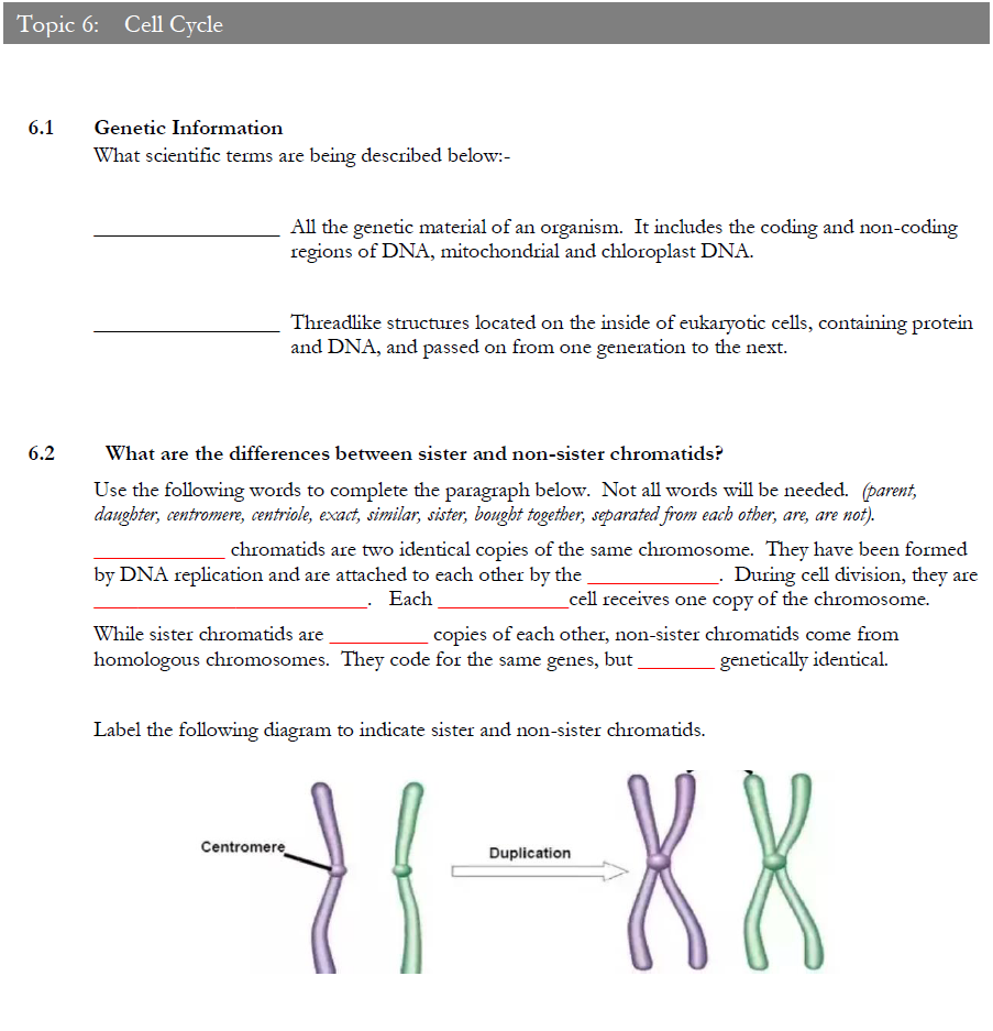 Solved Topic 6: Cell Cycle 6.1 Genetic Information What | Chegg.com
