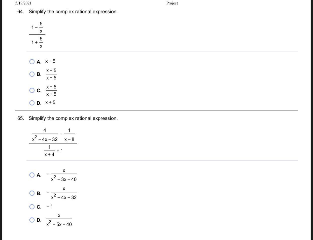 Solved 5/19/2021 Project 64. Simplify the complex rational | Chegg.com