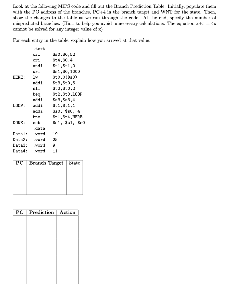 Look at the following MIPS code and fill out the | Chegg.com
