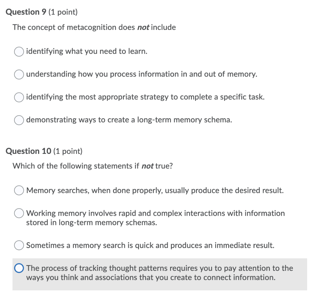 Solved Question 9 (1 point) The concept of metacognition | Chegg.com