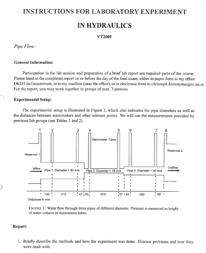 INSTRUCTIONS FOR LABORATORY EXPERIMENT IN HYDRAULICS | Chegg.com