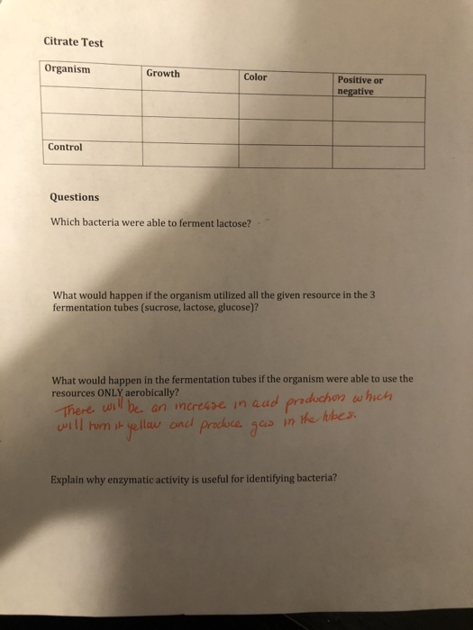 Solved Citrate Test Organism Growth Color Positive or | Chegg.com