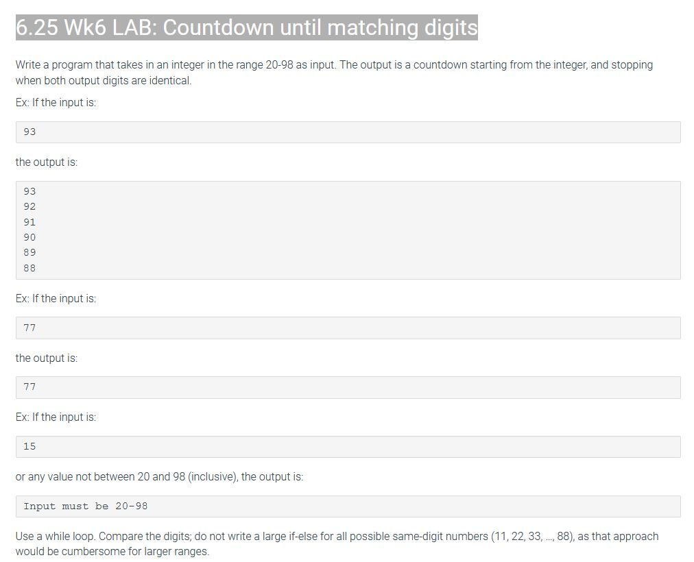 Solved: 6.25 Wk6 LAB: Countdown Until Matching Digits Writ... | Chegg.com