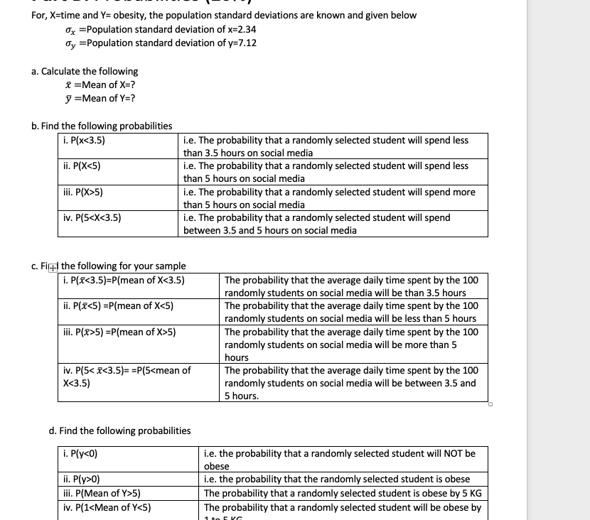 For, X= time and Y= obesity, the population standard | Chegg.com
