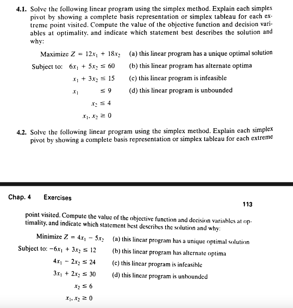 Solved 4.1. Solve the following linear program using the | Chegg.com