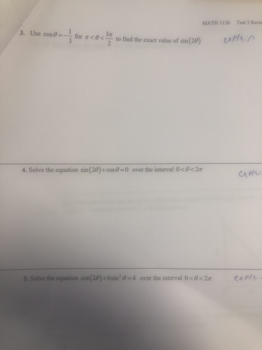 Solved MATH 1126 Test 3 Revie Use cos9--1 for π