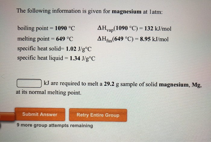 Solved The following information is given for magnesium at | Chegg.com