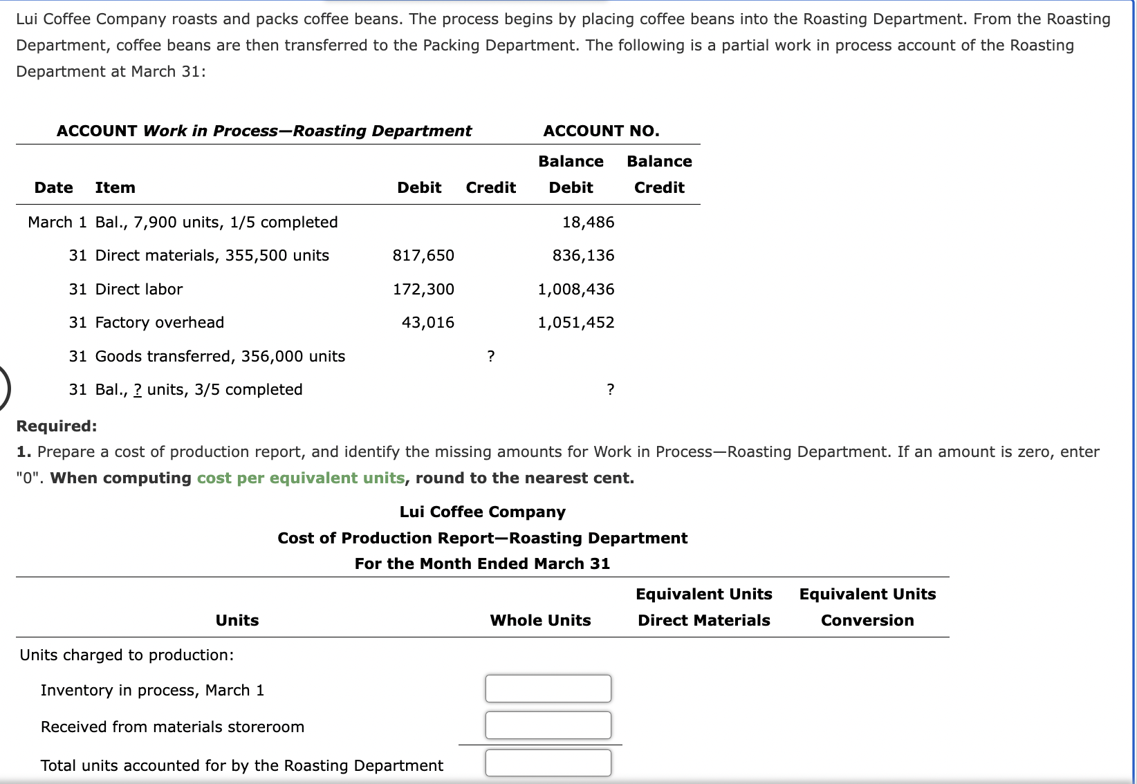 Solved Lui Coffee Company roasts and packs coffee beans. The | Chegg.com