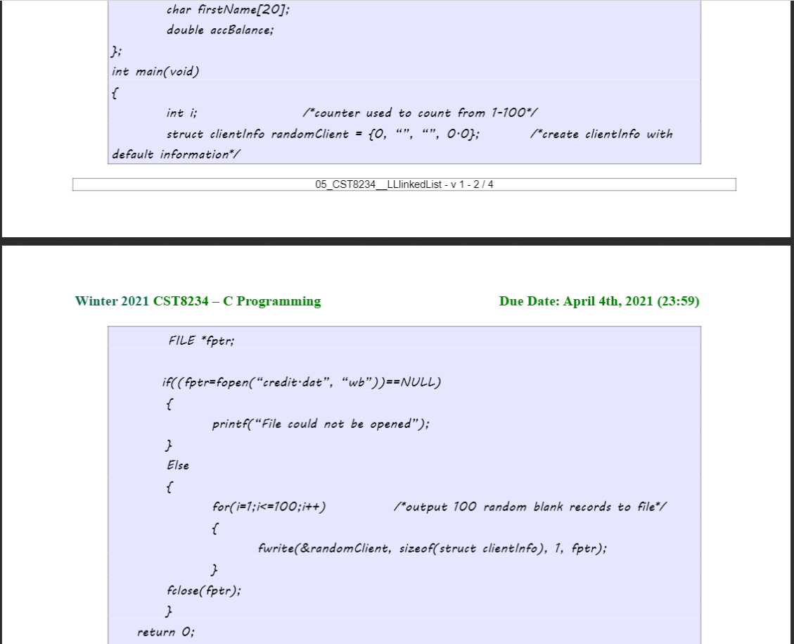 Winter 2021 Cst8234 C Programming Due Date April 