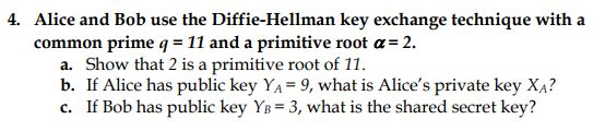 Solved 4. Alice and Bob use the Diffie-Hellman key exchange | Chegg.com