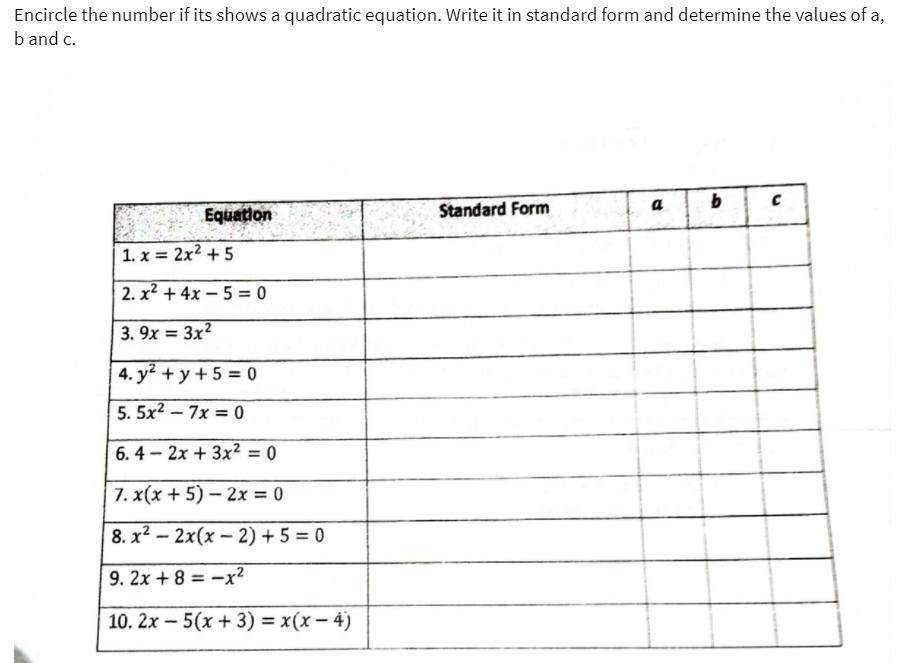 Solved Encircle the number if its shows a quadratic | Chegg.com