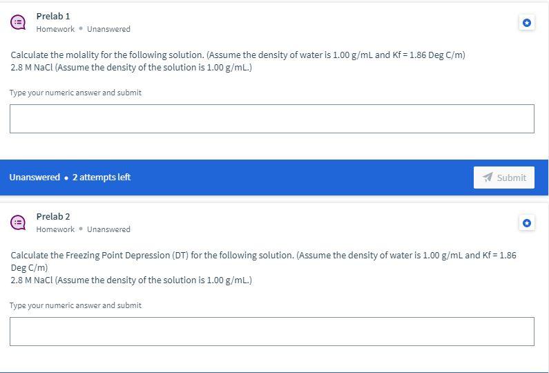 Solved Prelab 1 Homework. Unanswered Calculate the molality | Chegg.com