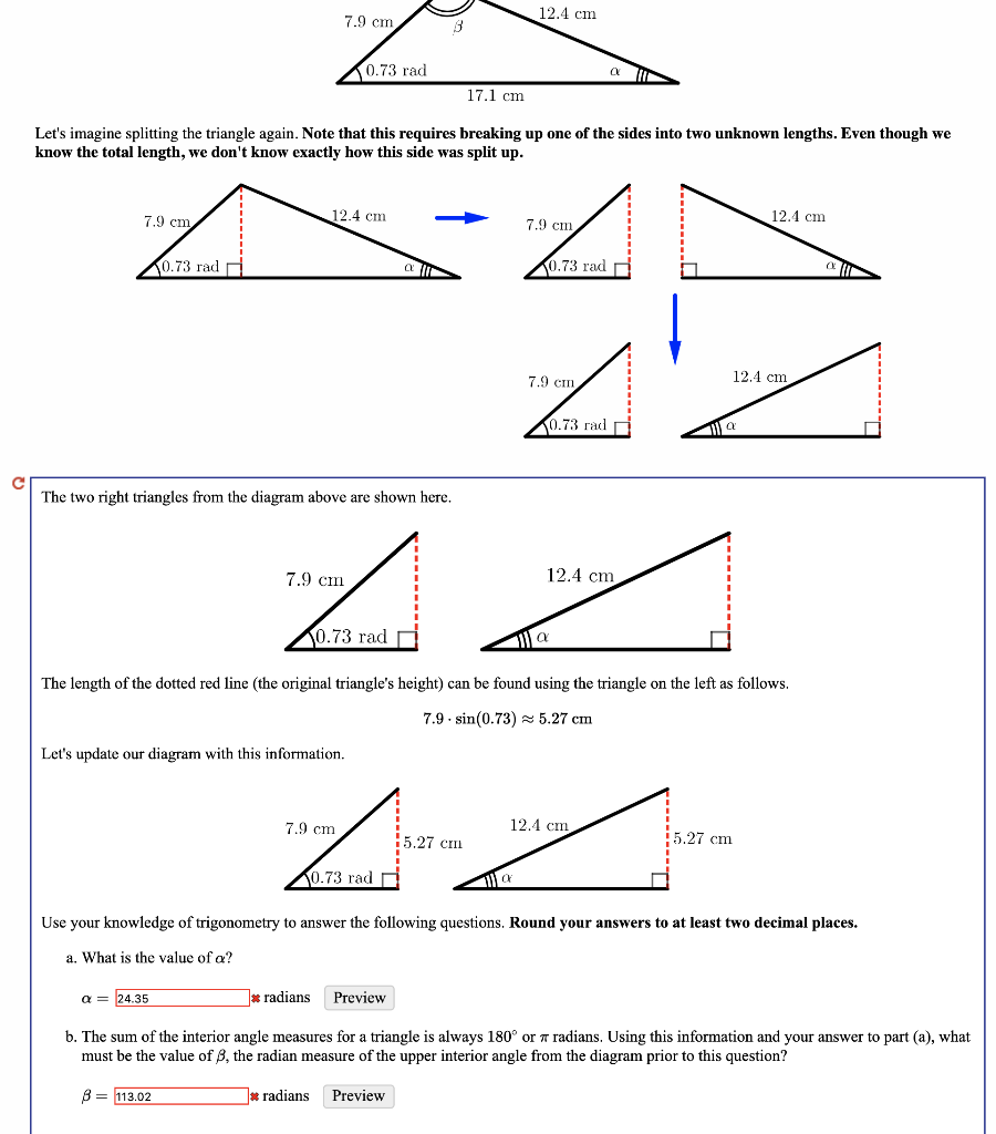 Solved 7.9 cm 12.4 cm B 0.73 rad 17.1 cm Let's imagine | Chegg.com