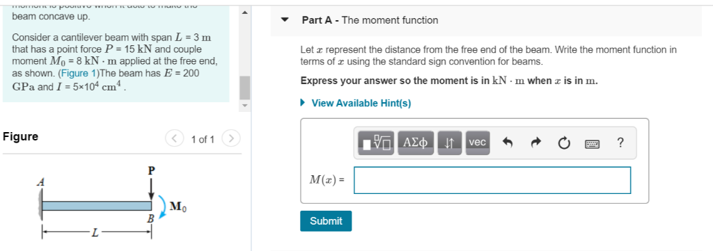 Answered: beam concave up Part A -The moment function Consi Answered: beam concave up Part A -The moment function Consi