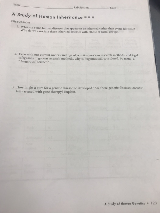 Solved Name Date Lab Section A Study of Human Inheritance = | Chegg.com