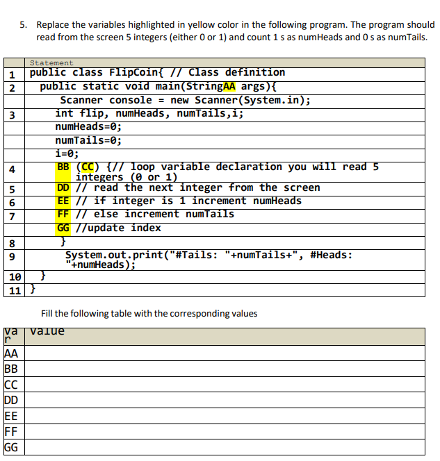 Solved 5. Replace the variables highlighted in yellow color | Chegg.com