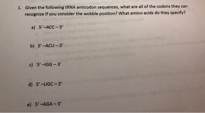 Solved Given the following tRNA anticodon sequences, what | Chegg.com