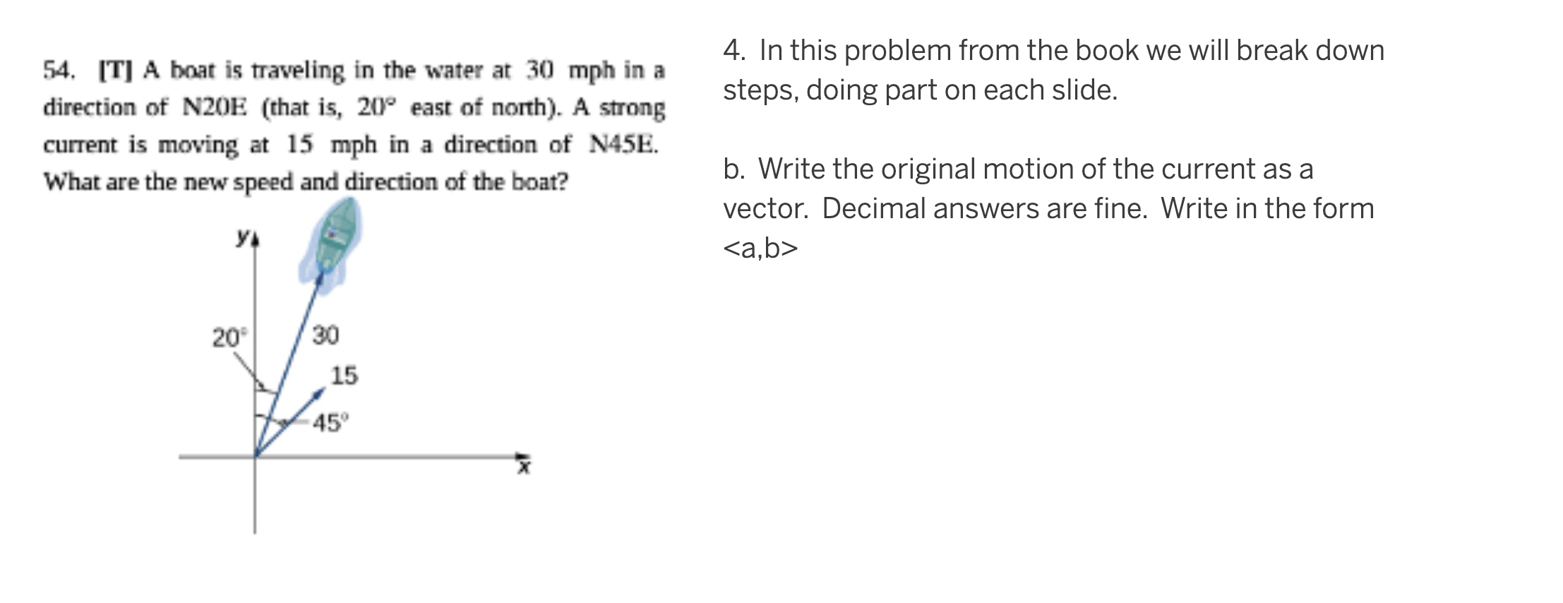 Solved 54. [T] A boat is traveling in the water at 30mph in | Chegg.com