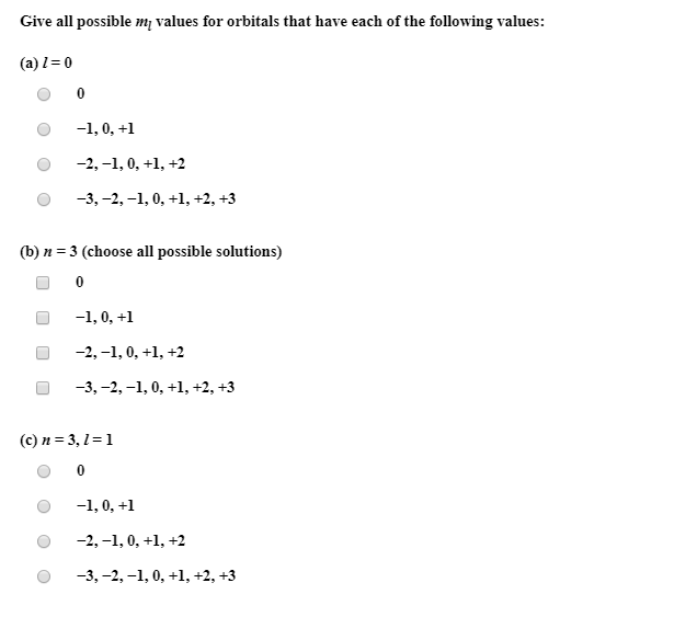 Solved Give all possible m, values for orbitals that have | Chegg.com