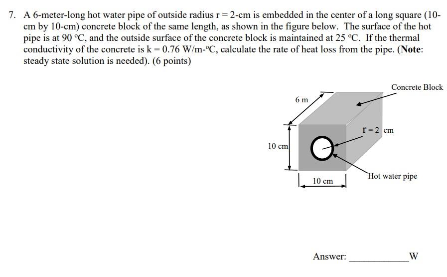 Solved 7. A 6-meter-long hot water pipe of outside radius | Chegg.com